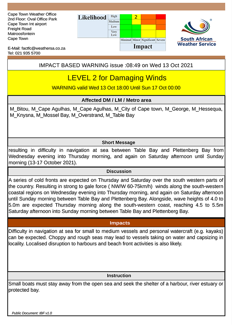 Heads-Up: SAWS Weather warning 14/10/2021 - 17/10/2021 - Overstrand ...